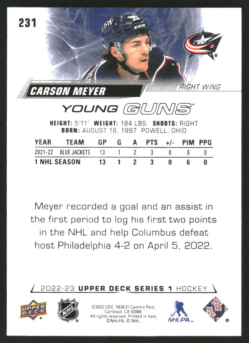 2022-23 - Carson Meyer YG RC - Upper Deck - #231 – MK Cards